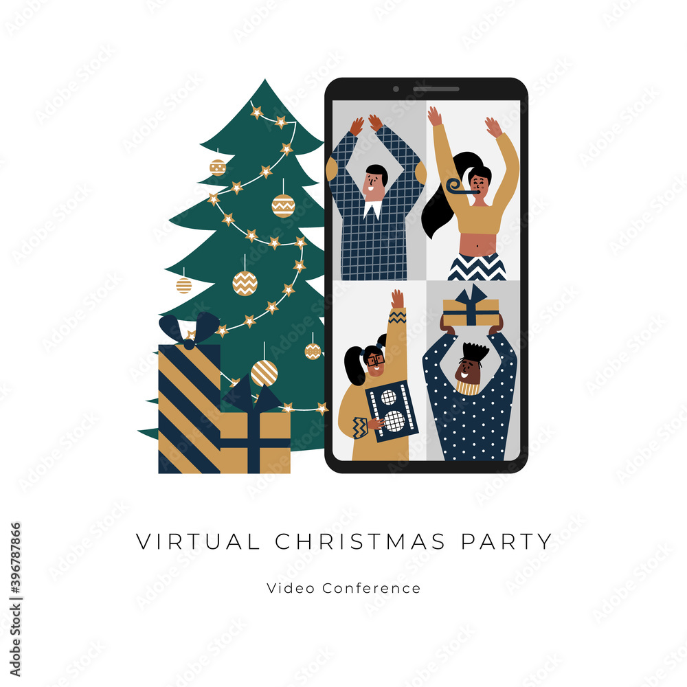 Online Christmas party with tree and gifts. Virtual video conference ...