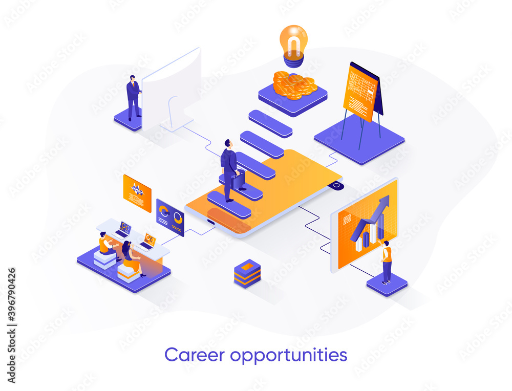 Career opportunities isometric web banner. Career growth and skills ...