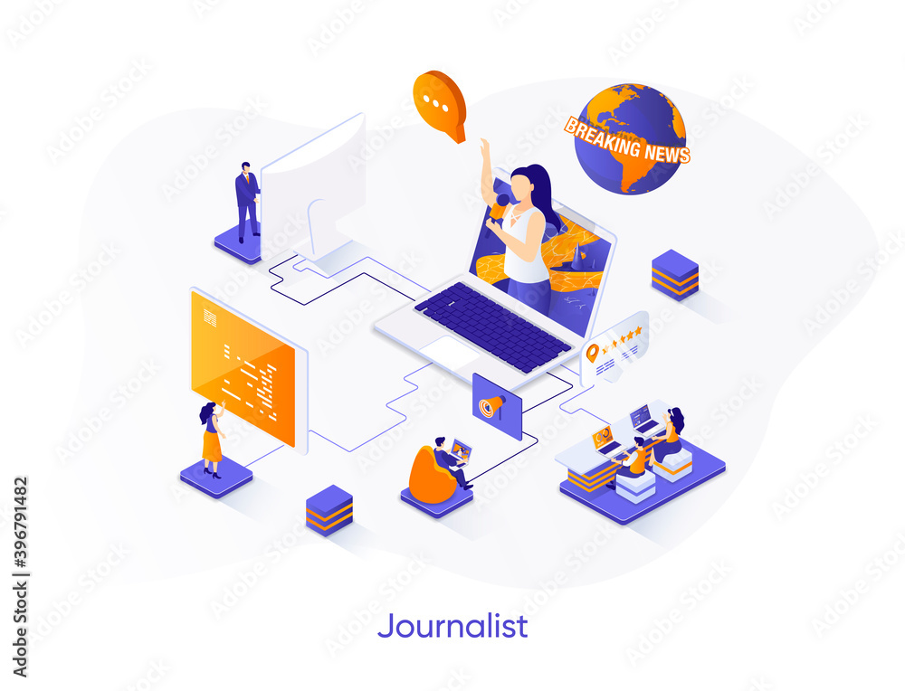 Journalist isometric web banner. Breaking news reportage with ...