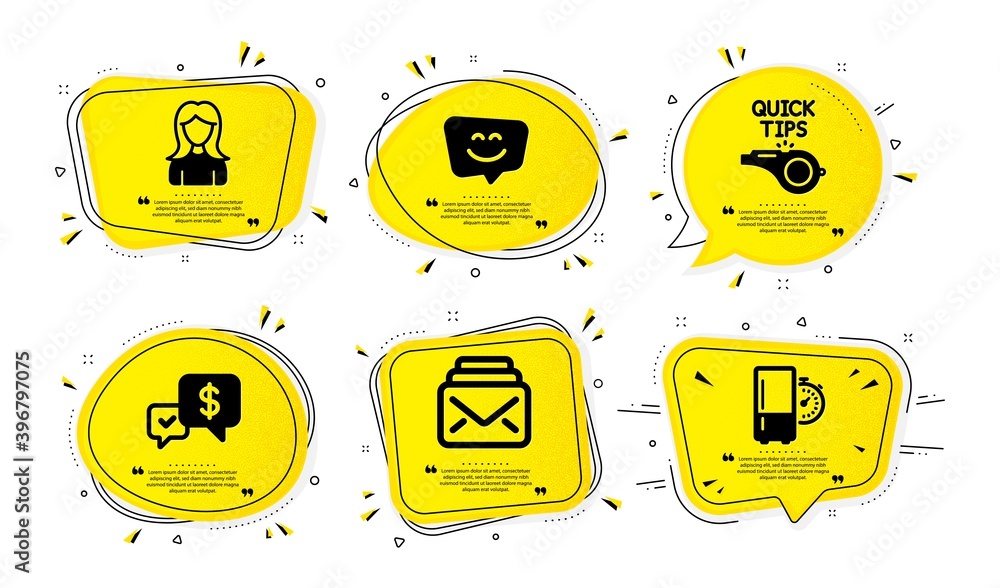 Woman, Mail and Smile face icons simple set. Yellow speech bubbles with ...