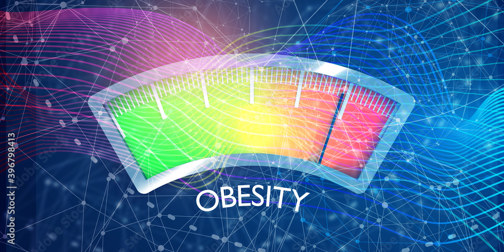 Body mass meter read high level result. Color scale with arrow from red ...