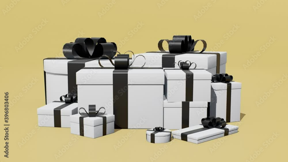 Animation of a heap white gifts with black ribbon on the sail champagne ...