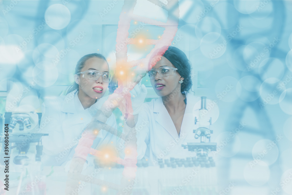 Soft focus-two doctor or scientist research and analysis DNA structure ...