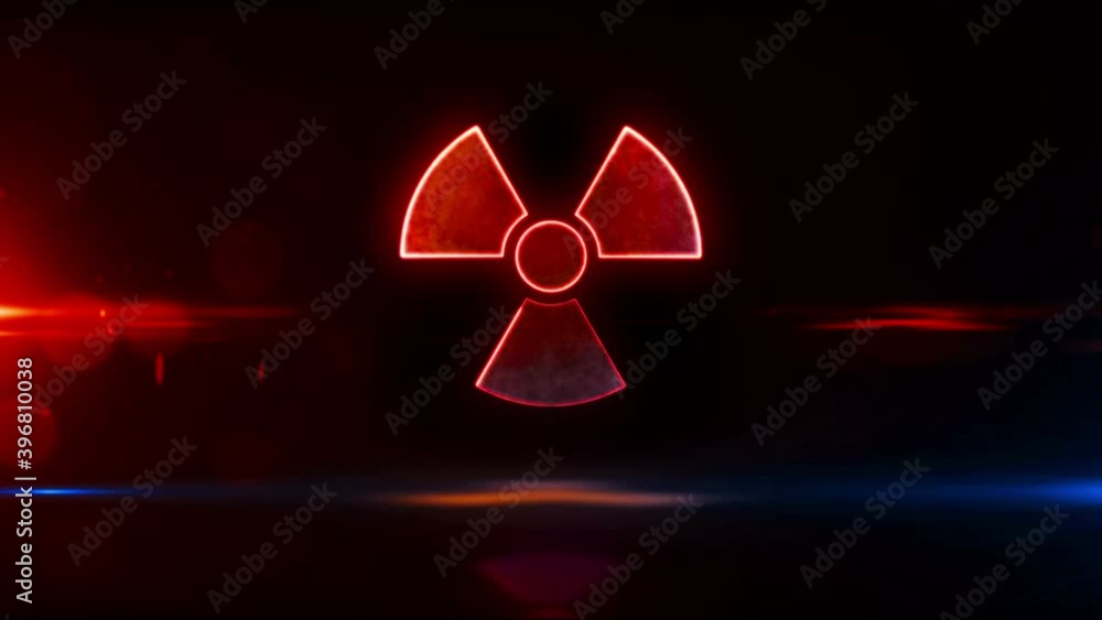Nuclear warning symbol, radioactive danger neon sign and atomic energy ...