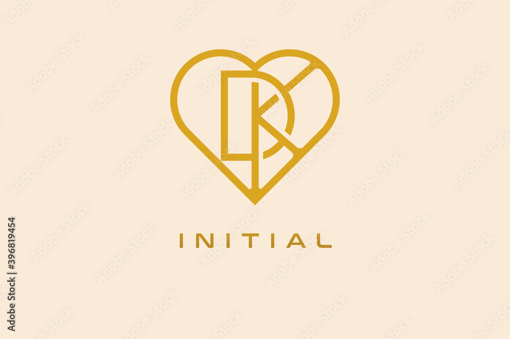 Abstract initials D and K logo, gold colour line style heart and letter ...