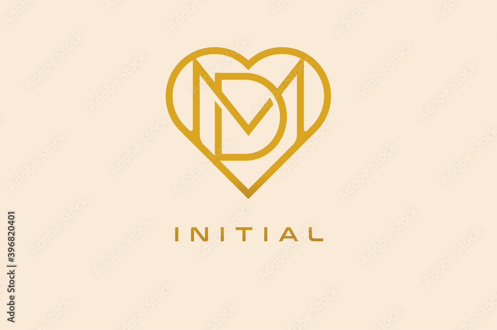 Abstract initials D and M logo, gold colour line style heart and letter ...