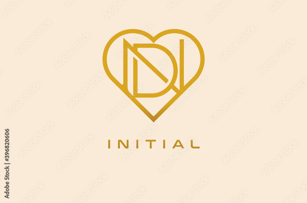 Abstract initials D and N logo, gold colour line style heart and letter ...