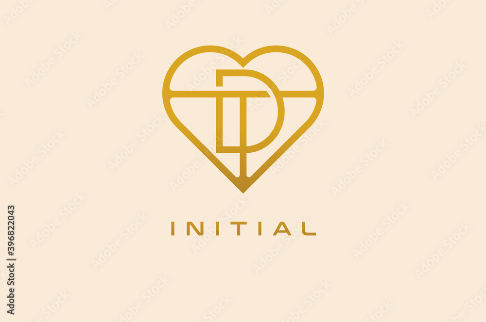 Abstract initials D and T logo, gold colour line style heart and letter ...