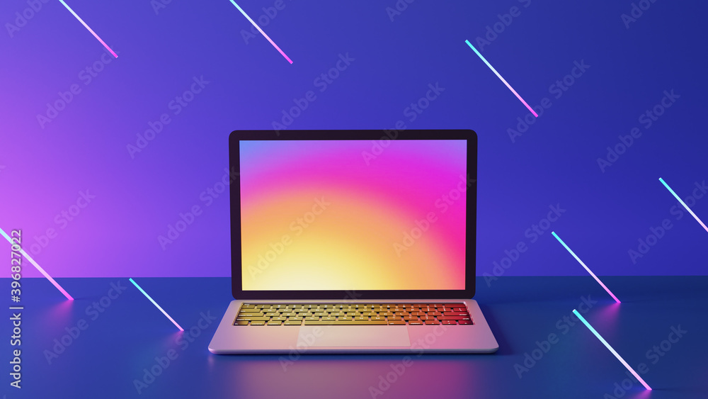 Laptop computer with color blank screen on blue background and lighting ...