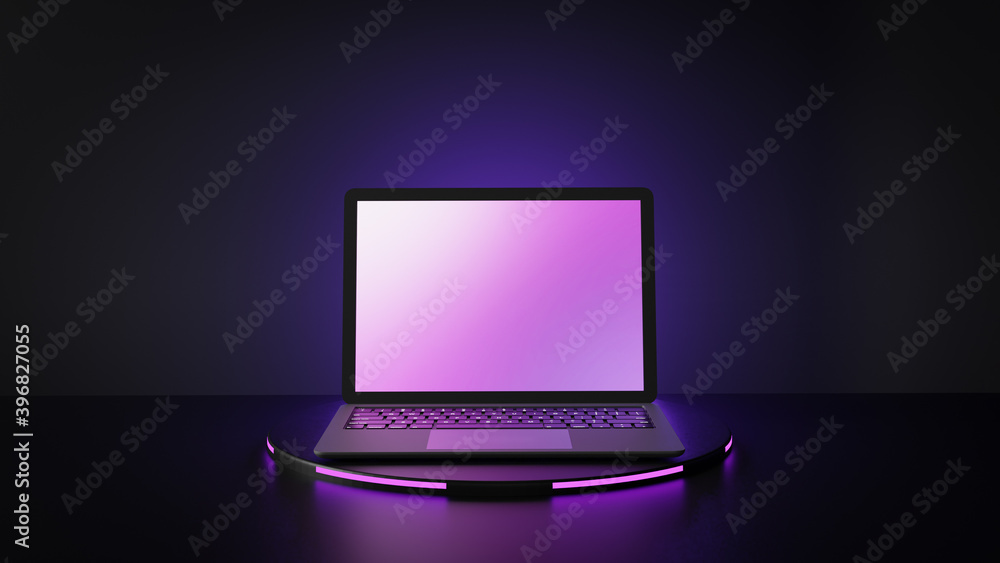 Laptop computer with blank purple screen placed on circle stand and ...