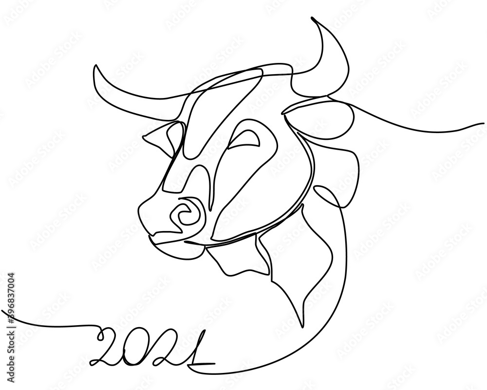 Bull head Continuous one line drawing. Chinese New Year 2021 Year of ...