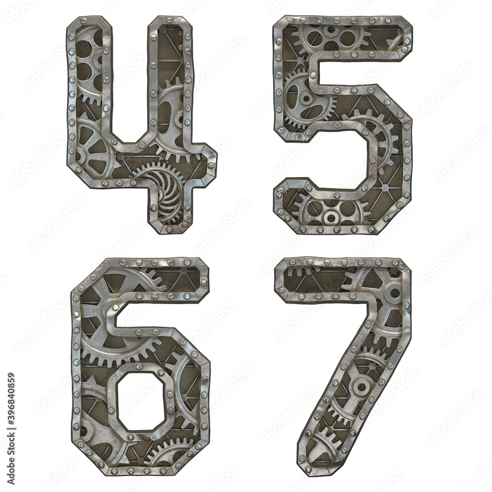 Mechanical alphabet made from rivet metal with gears on white ...