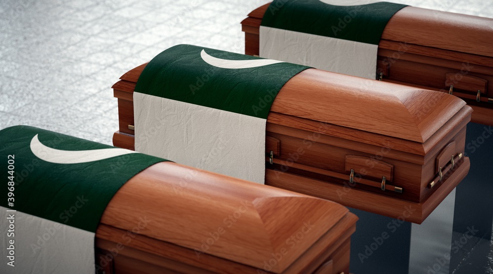State funeral in Pakistan. Coffins in the national pavilion. ilustração ...
