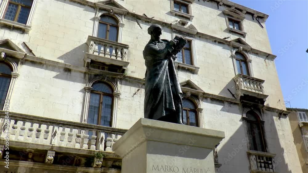 Statue of poet Marko Marulic in Fruit Square, Split, Croatia. Stock ビデオ ...