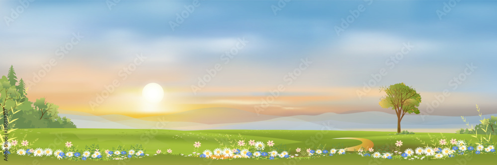 Spring landscape with mountain, blue sky and clouds, Panorama Green ...