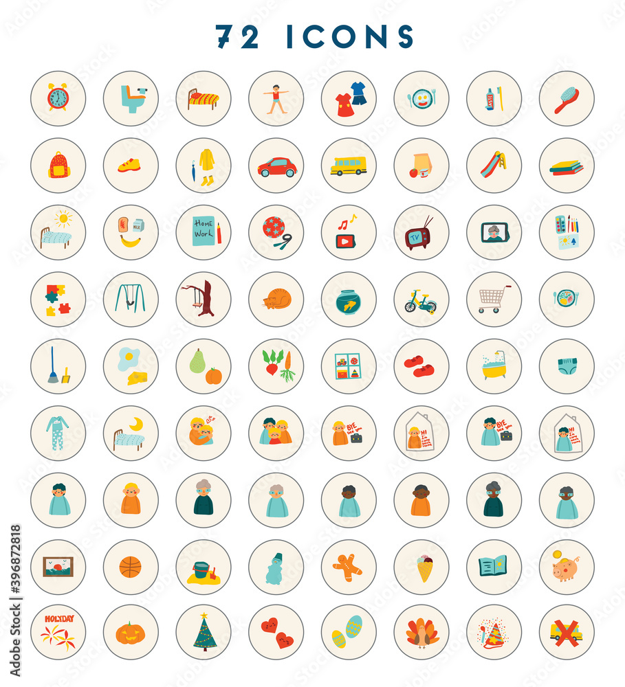 72 icons for kids. Childish vector illustration for toddler schedule ...