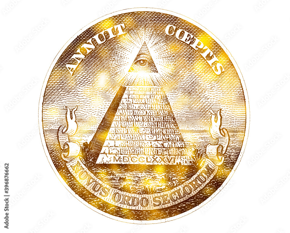 golden textured Pyramid from back side of 1 dollar bill on white ...