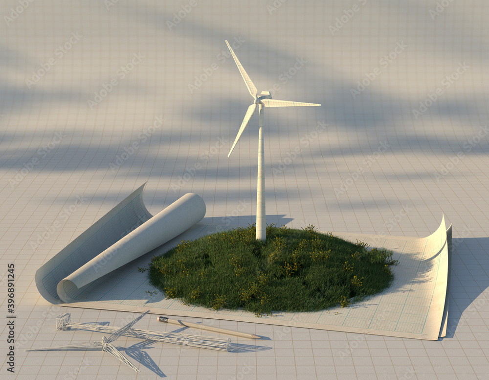 Scale model of wind turbine on drafting paper Stock Photo | Adobe Stock