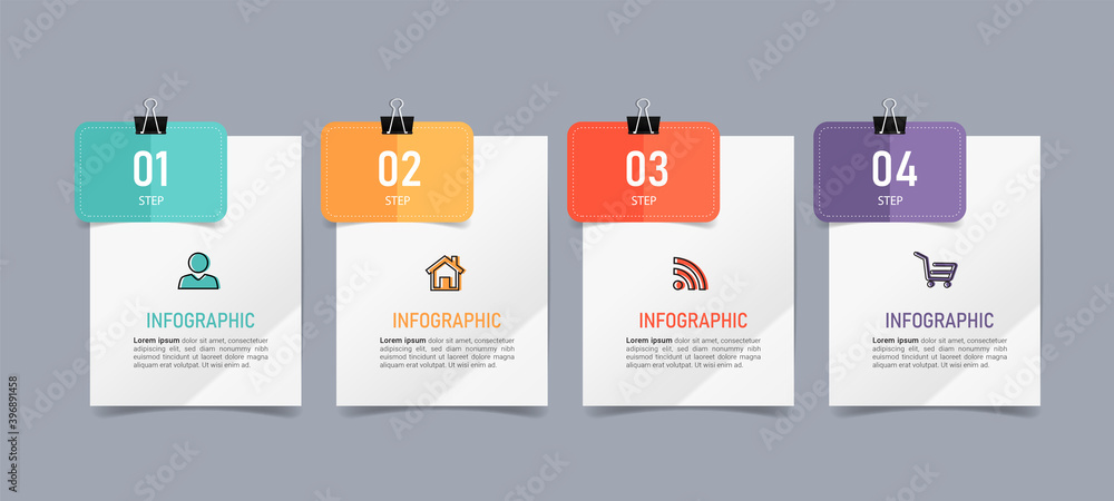 Text box design with note papers. Infographic presentation 4 steps ...
