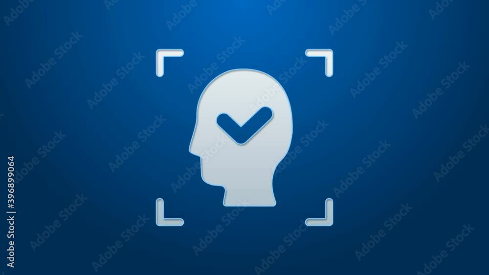 White line Face recognition with check mark icon isolated on blue ...