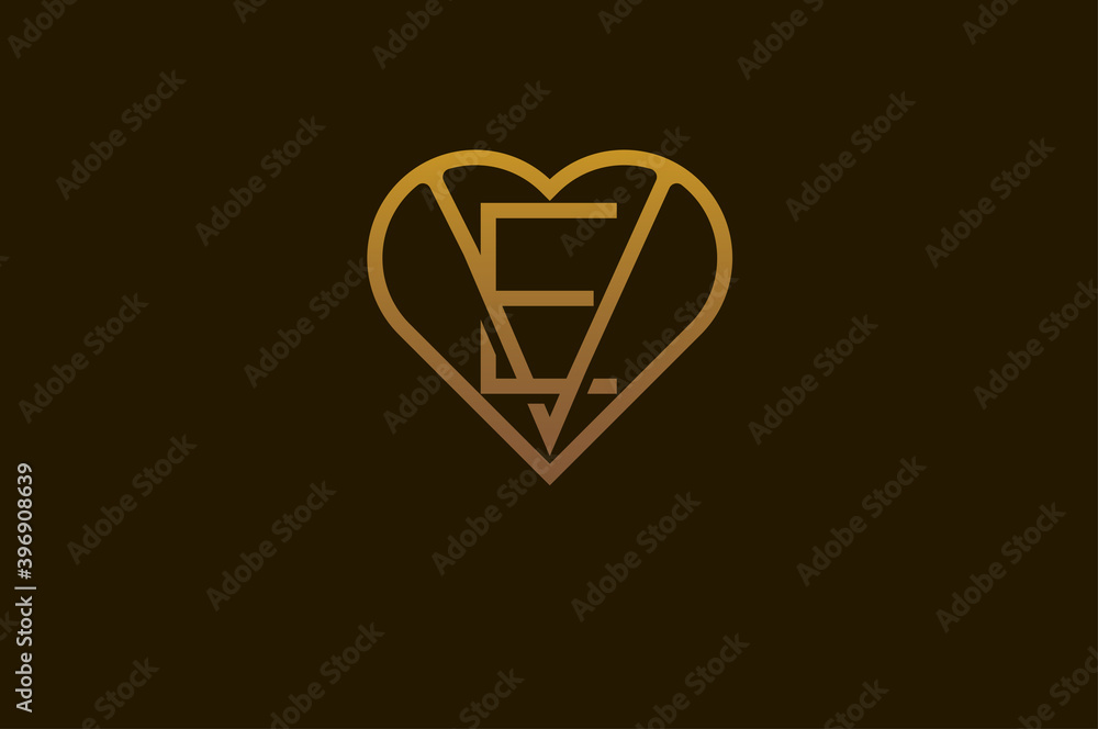 Abstract initials E and V logo, gold colour line style heart and letter ...