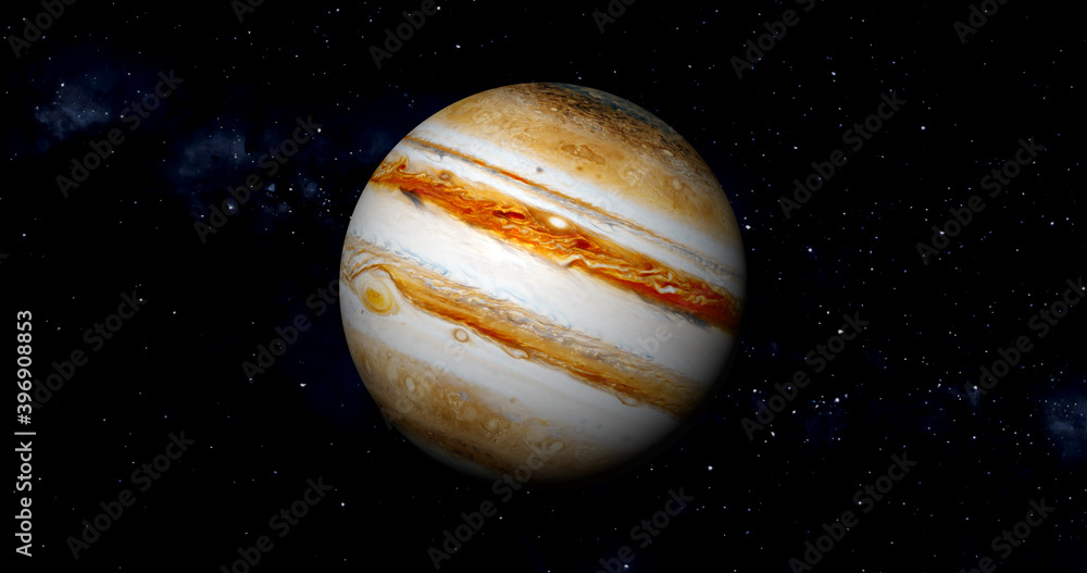 Jupiter planet on space with colorful starry night. front view of ...