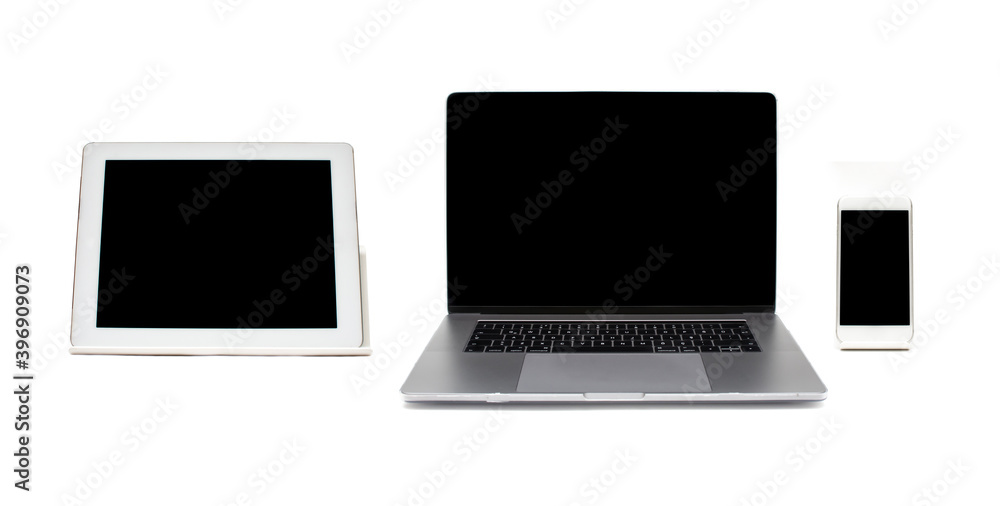 Set of digital tablet, smartphone and laptop with blank black desktop ...