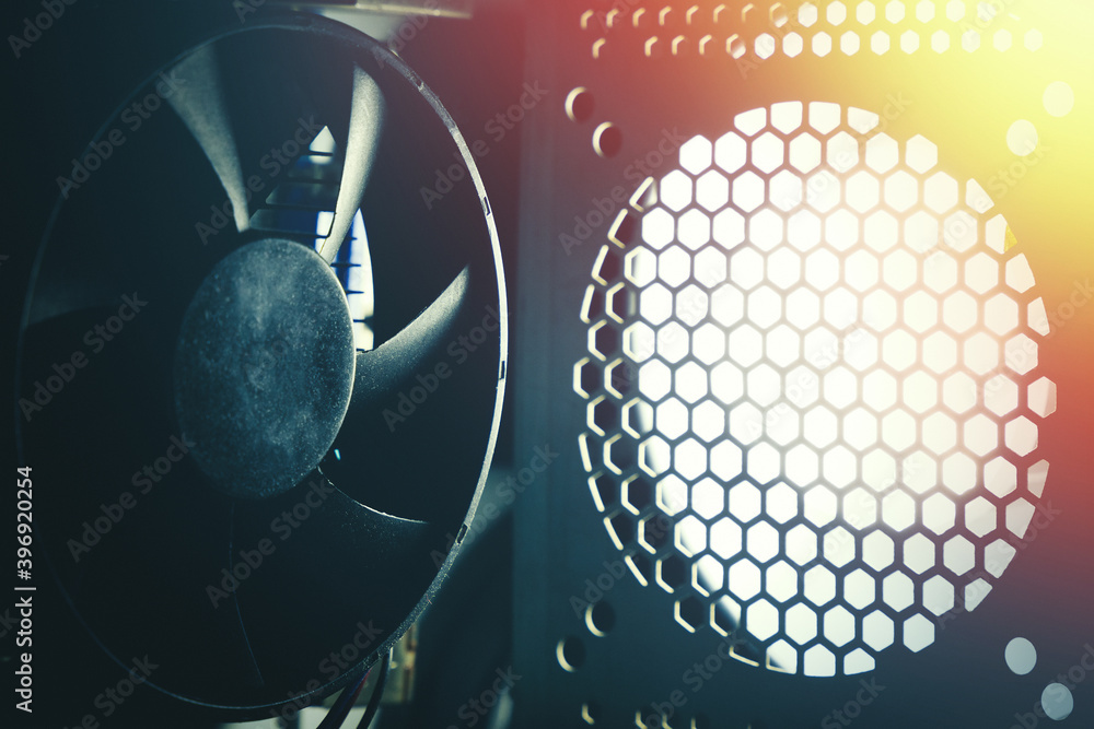 A cooling system of PC. A fan of central processing or the CPU on ...