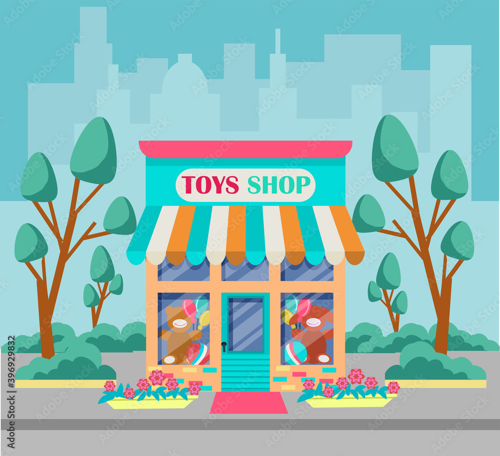 Vector illustration of a toy store. illustration of the exterior facade ...