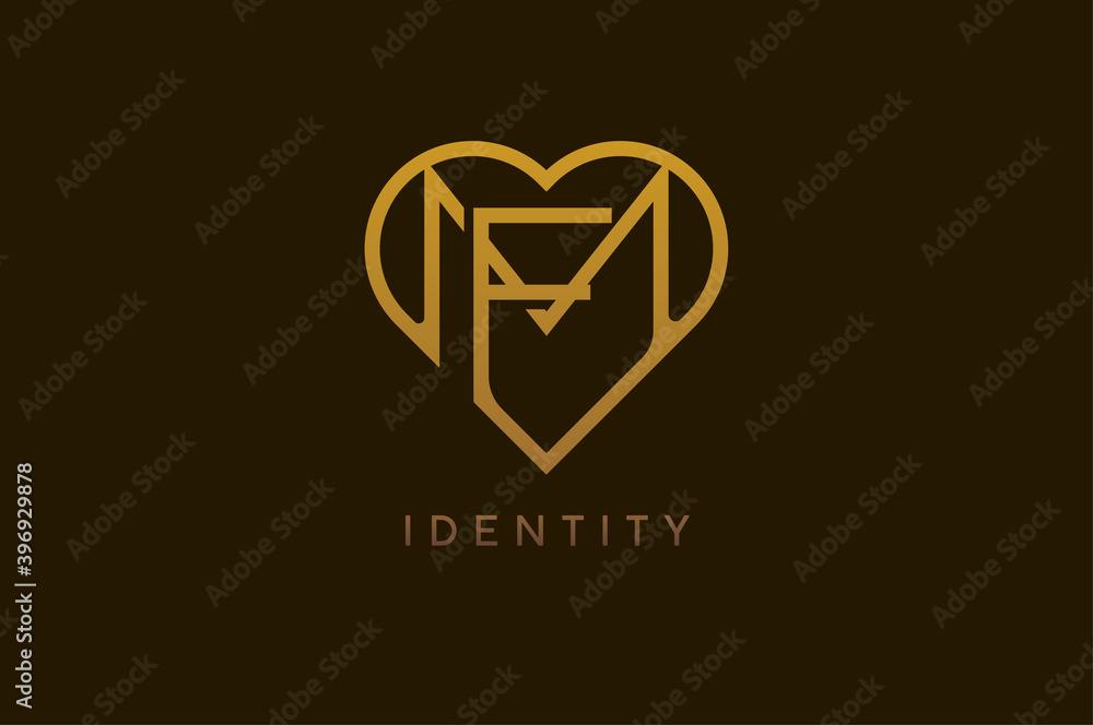 Abstract initials F and M logo, gold colour line style heart and letter ...