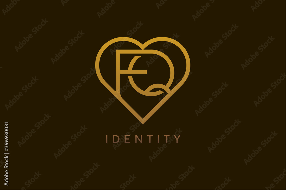 Abstract initials F and Q logo, gold colour line style heart and letter ...