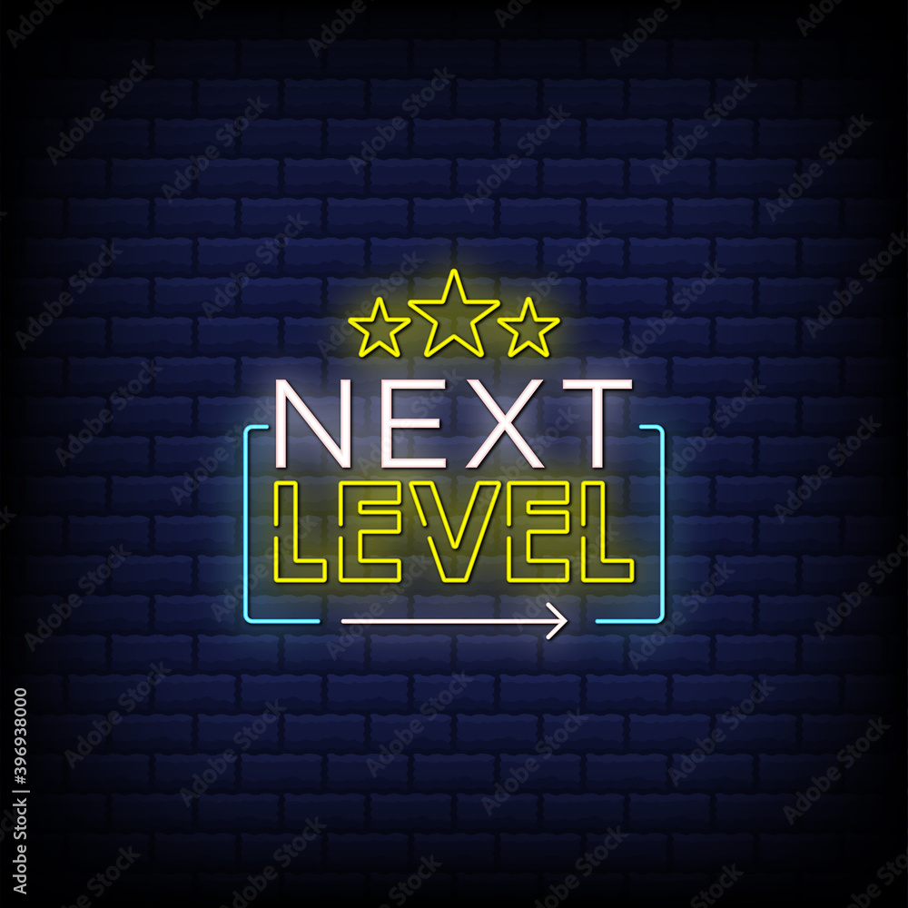 Next Level neon signs style text with starts design in blue bricks ...