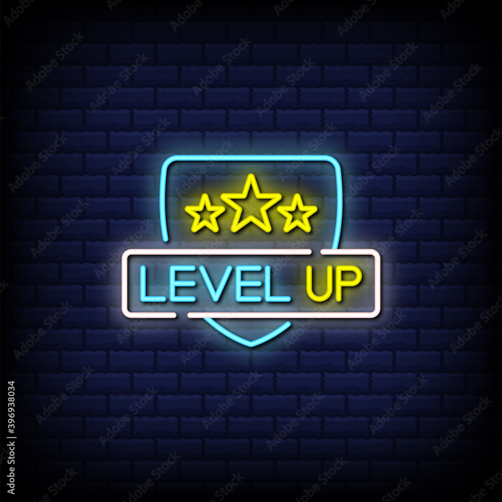Level up neon signs style text with start design in blue color bricks ...