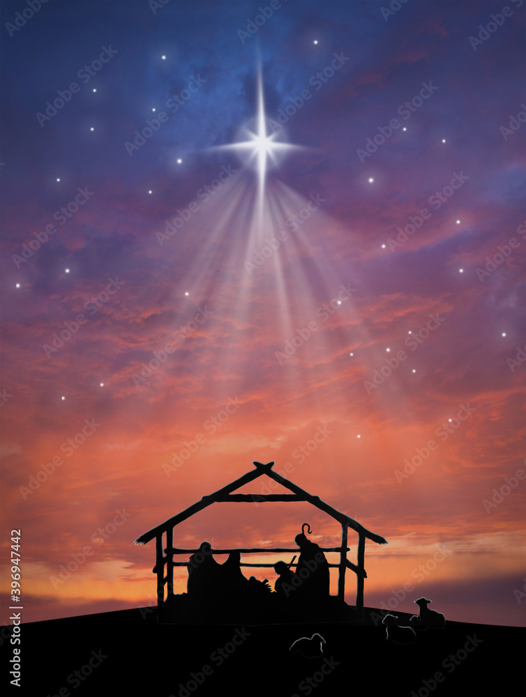 Christmas nativity scene of baby Jesus in the manger with Joseph, Mary ...