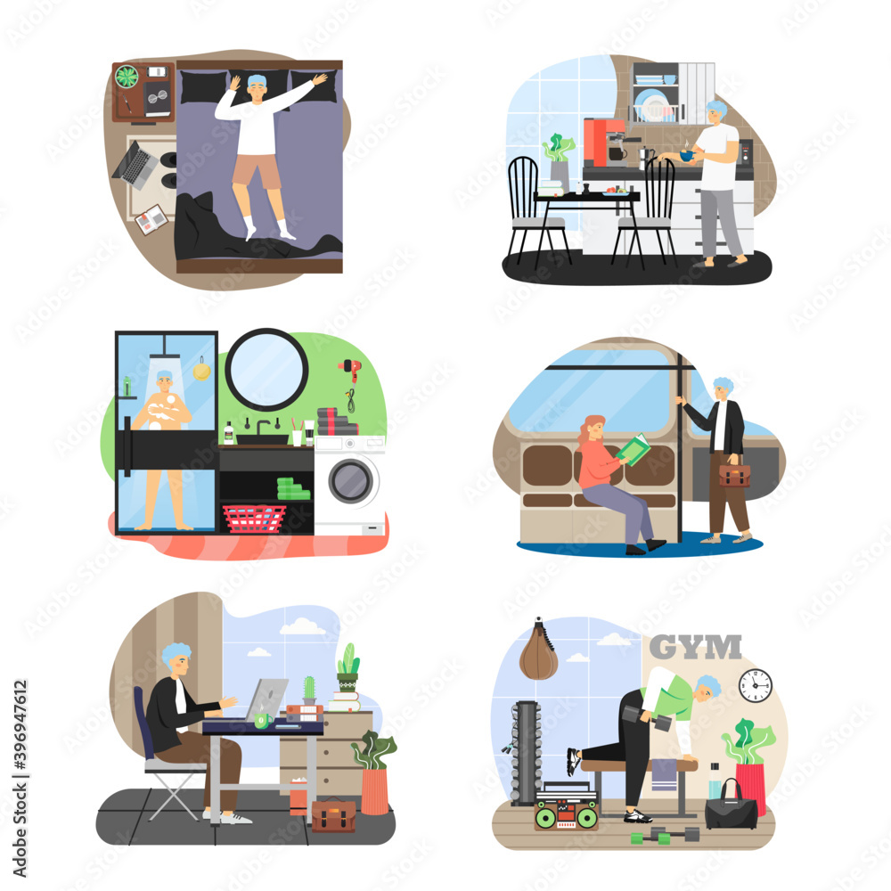 Man daily life set, flat vector illustration. Daily morning routine ...