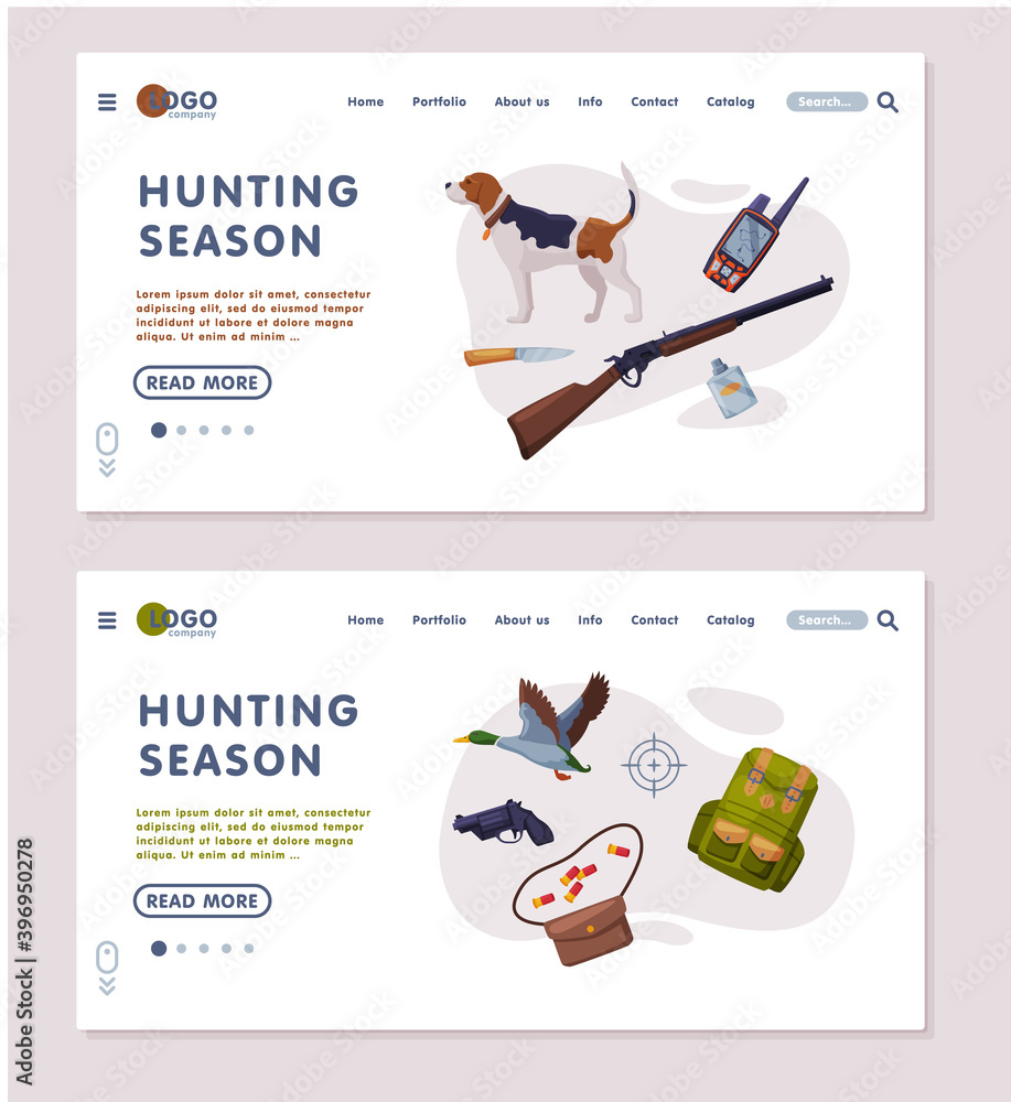 Hunting Season Landing Page Templates Set, Hunter Tackles and Equipment ...