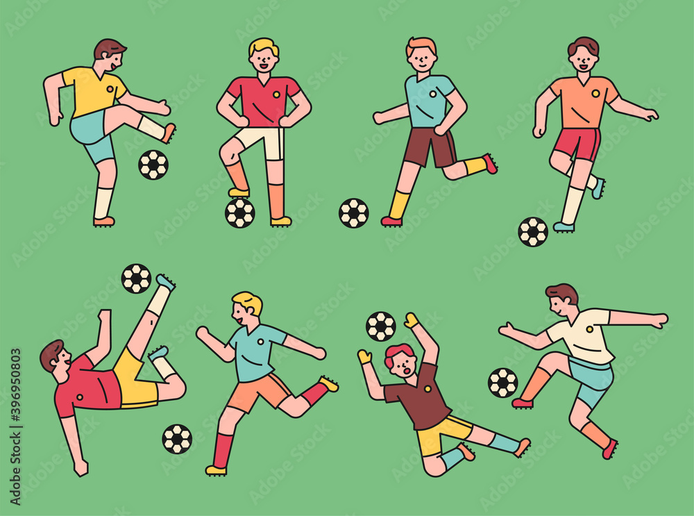 Cute football player character set. Various poses for striker ...