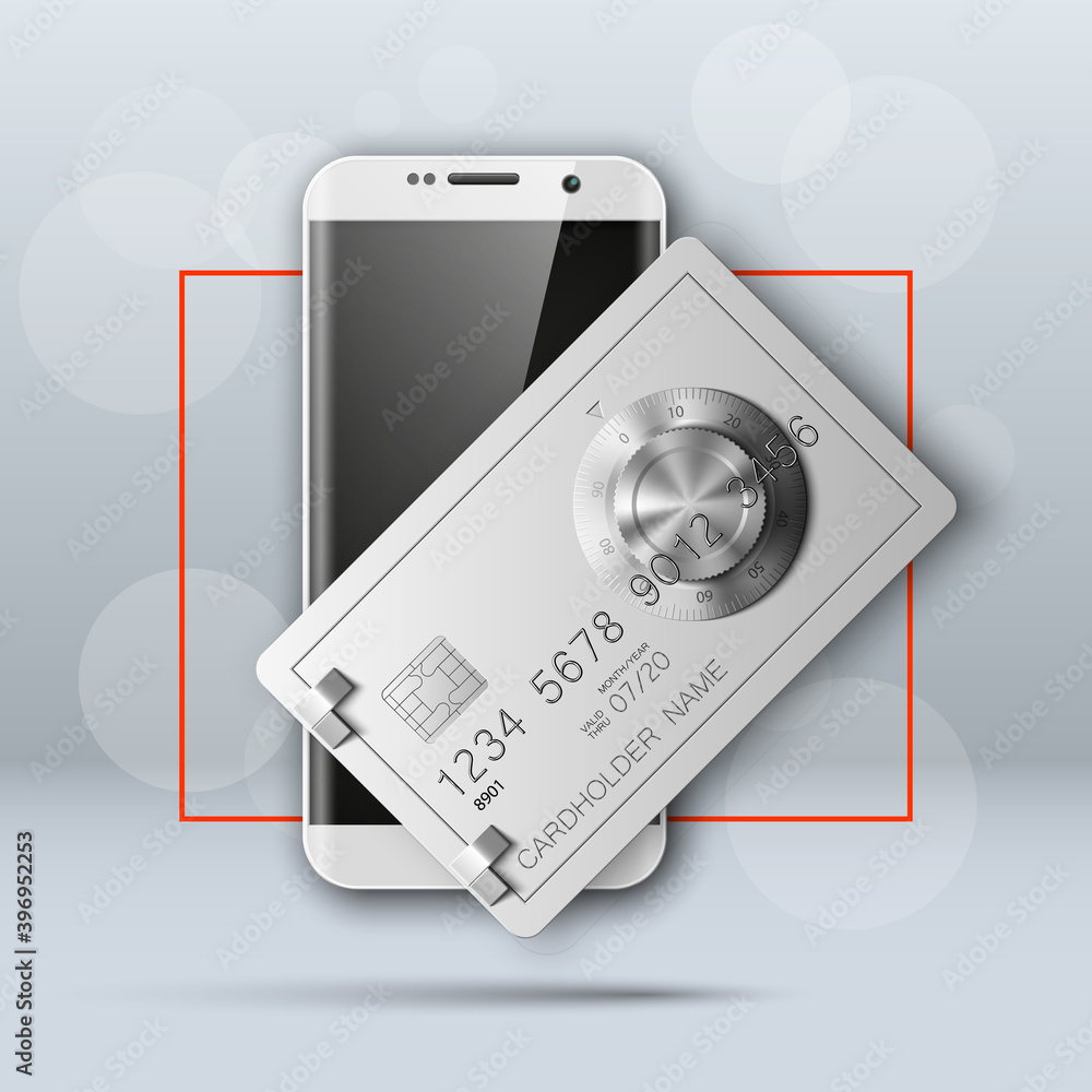 Banner with smartphone & credit card image. Advertising promo poster ...