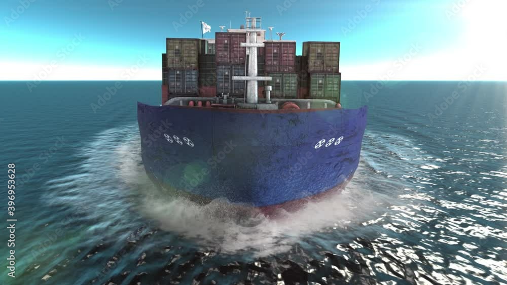 Front view -Cargo ship with containers sailing in the open blue sea ...