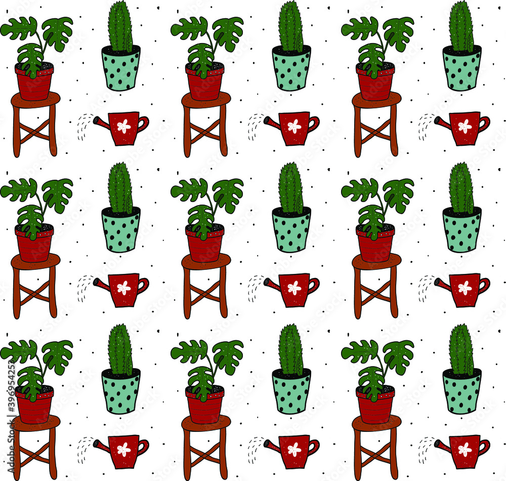 Seamless pattern with home plants - monstera and cactus. Colorful ...