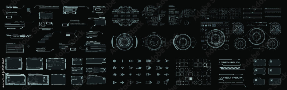 Big set elements for the user interface HUD. Frames, callouts, arrows, pointers, scales, bars ...