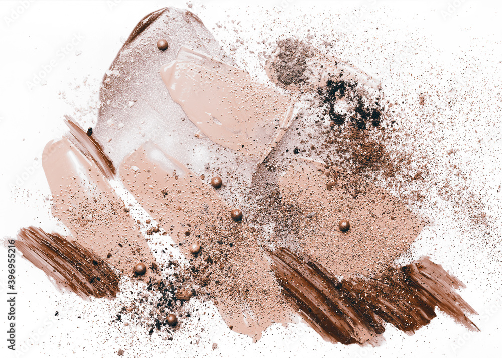 Beauty concept in beige colors. Smudged makeup foundation, broken ...