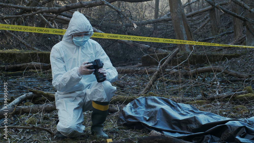 Detectives are collecting evidence in a crime scene. Forensic ...