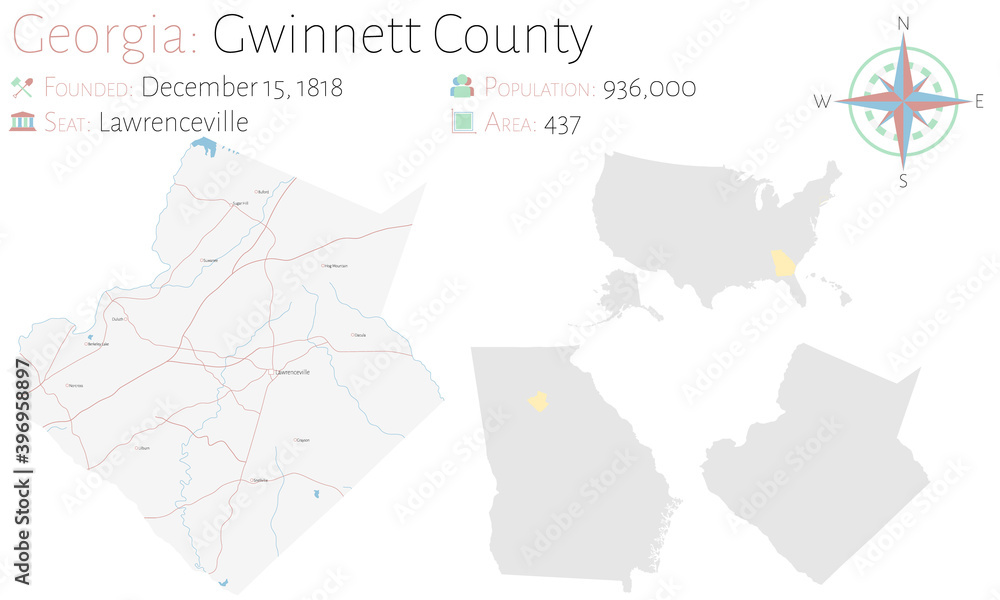 Large and detailed map of Gwinnett county in Georgia, USA. Stock Vector ...