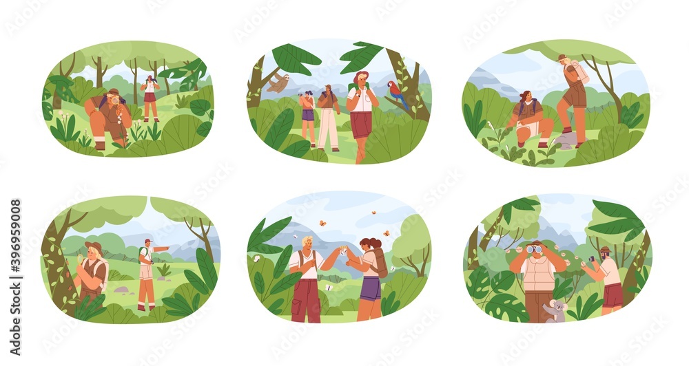 Set of different people exploring nature vector flat illustration ...