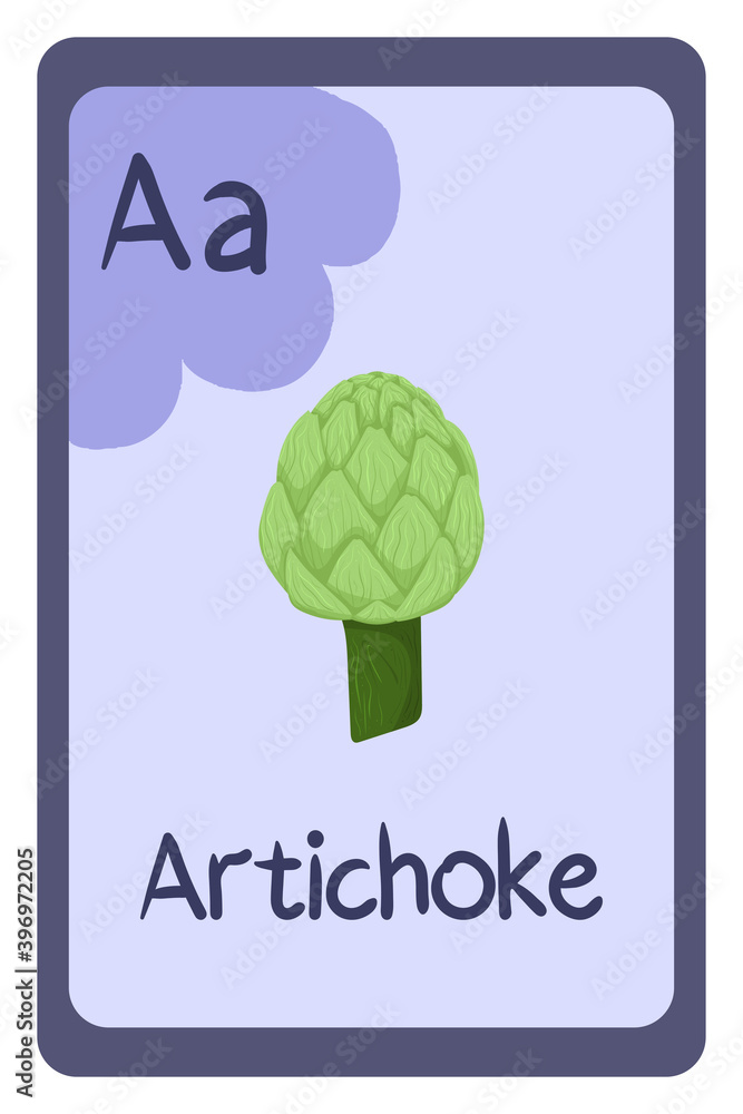Colorful alphabet letter A - artichoke. Phonics flashcard. Food themed ...