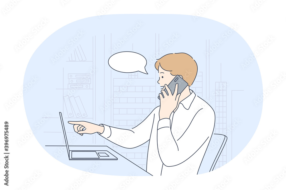 Working in office, modern company worker, online communication concept ...