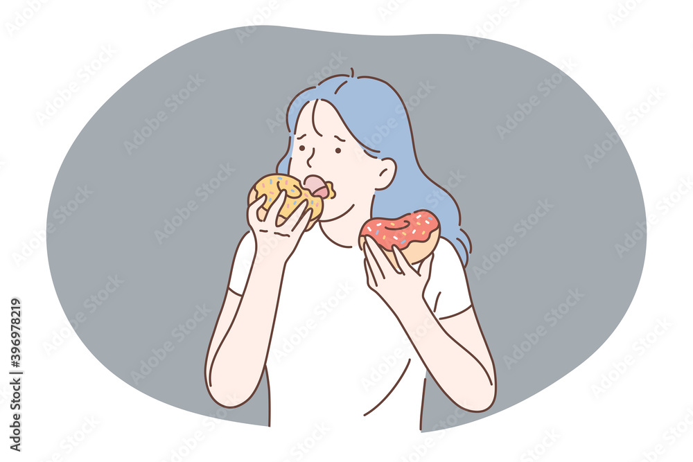 Unhealthy eating, fast and junk food, calories concept. Young stressed ...