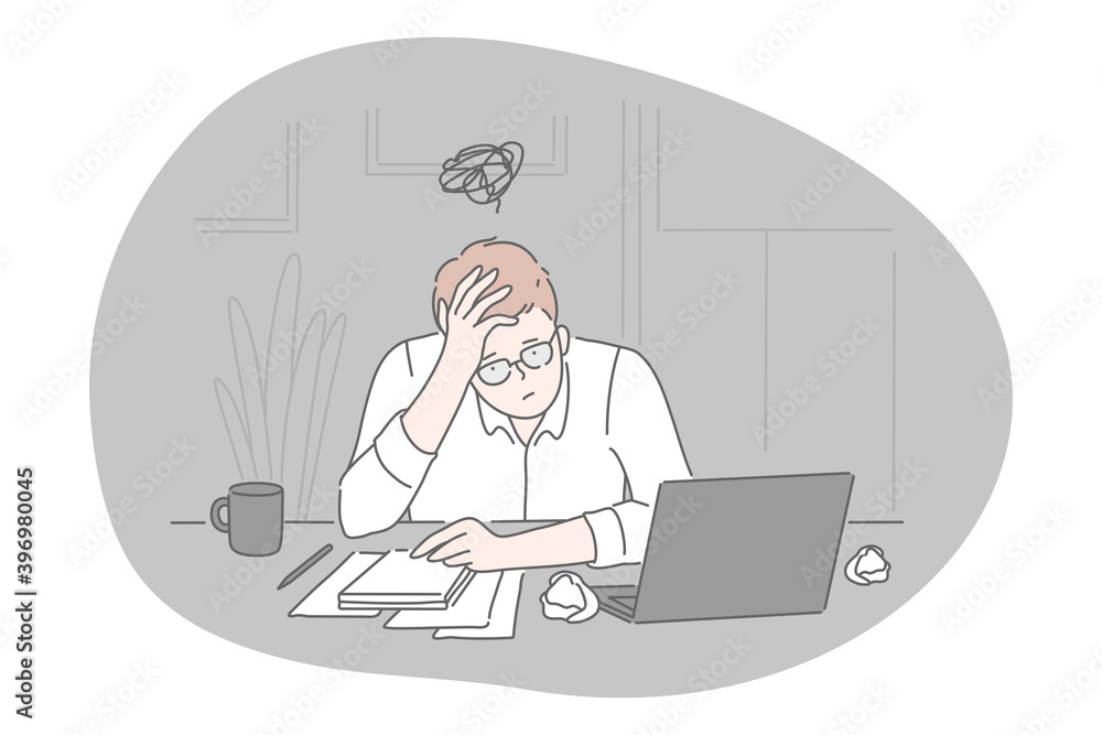 Stress, overwork, overload concept. Unhappy depressed young man office ...