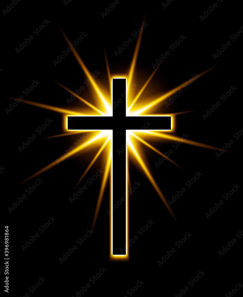 Religioush cross with sun rays shine on the dark background ...